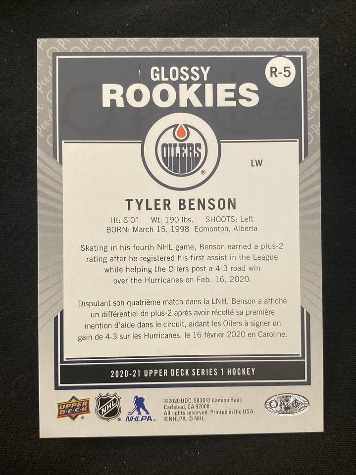 2020-21 Upper Deck Series 1 Hockey Glossy Rookies Tyler Benson R-5 ...