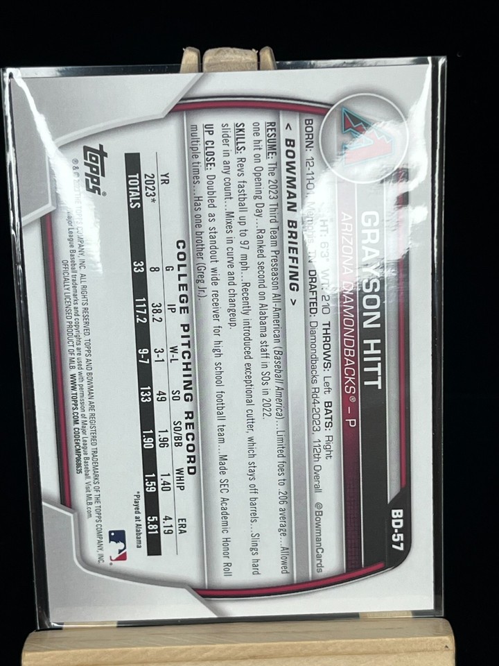 Grayson Hitt #BD-57 - 2023 Bowman Draft - Arizona Diamondbacks | eBay