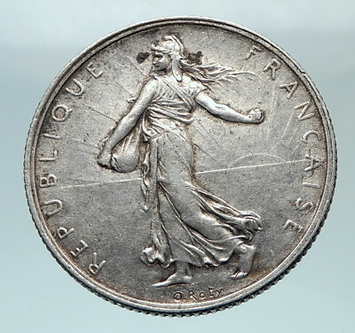 1919 FRANCE Antique Silver 2 Francs French Coin w La Semeuse Sower ...