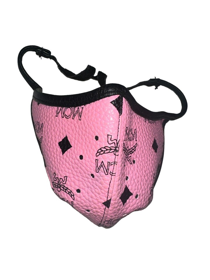MCM Pink Black Allover Lined Leather Monogram Logo Face Mask Elastic ...