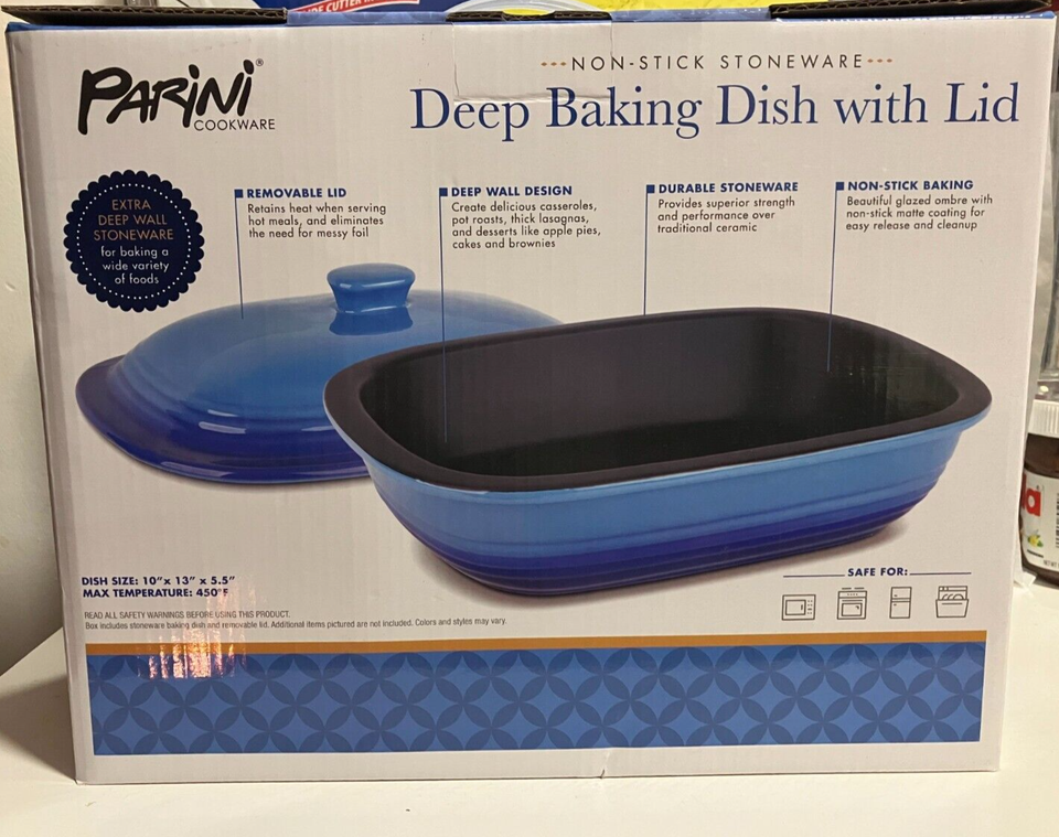 New Parini Cookware Non-stick Stoneware Deep Baking Dish with Lid Blue ...