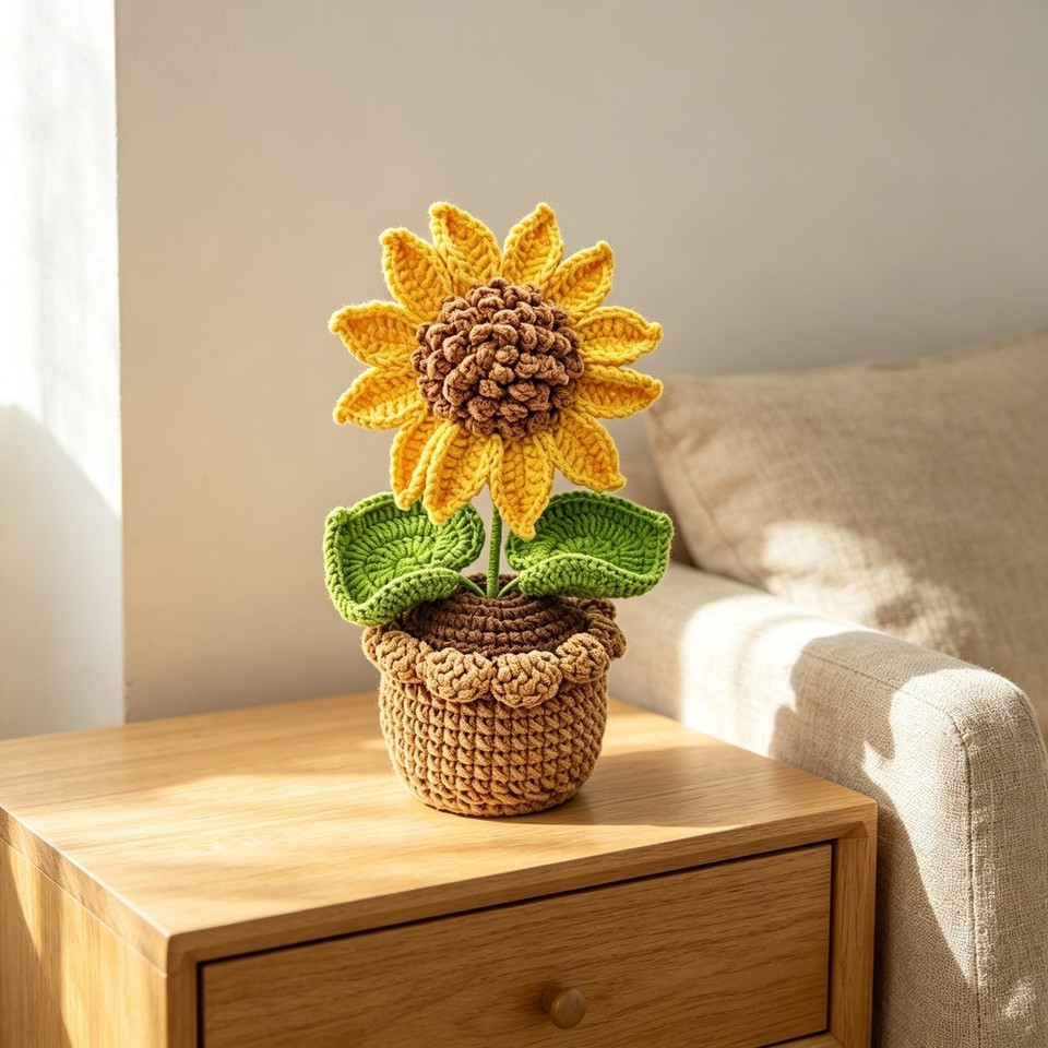 Crochet Sunflower in Pot 15cm Artificial Flower for Home Office Desk ...