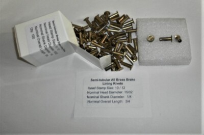 10/12 Semi-tubular ALL Brass Brake/Clutch Lining Rivets 1/4 Dia X 3/4 ...