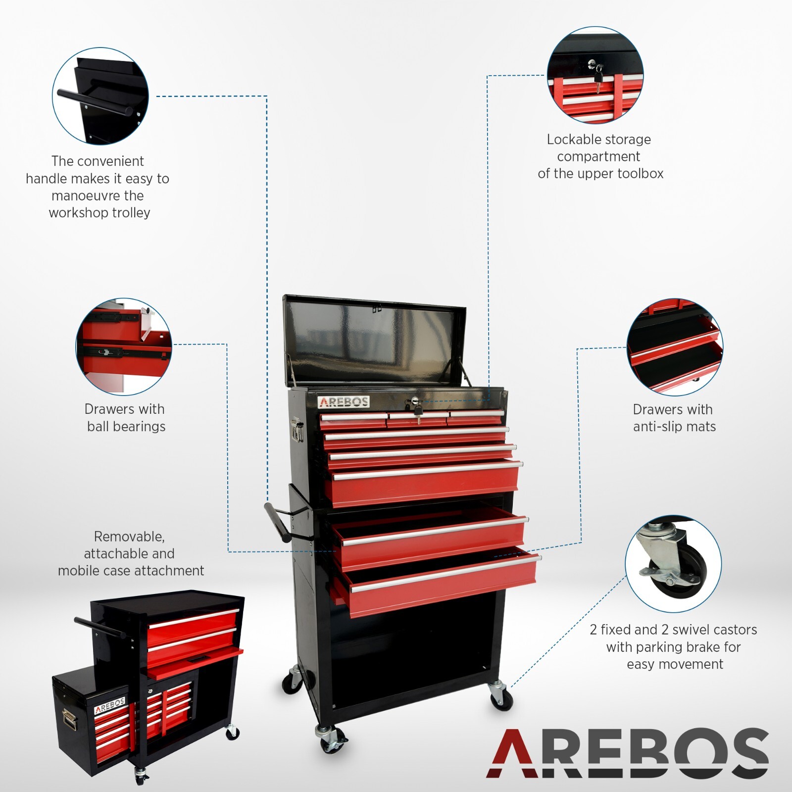 AREBOS Roller Tool Cabinet Storage 9 Drawers Toolbox Tool Chest ...