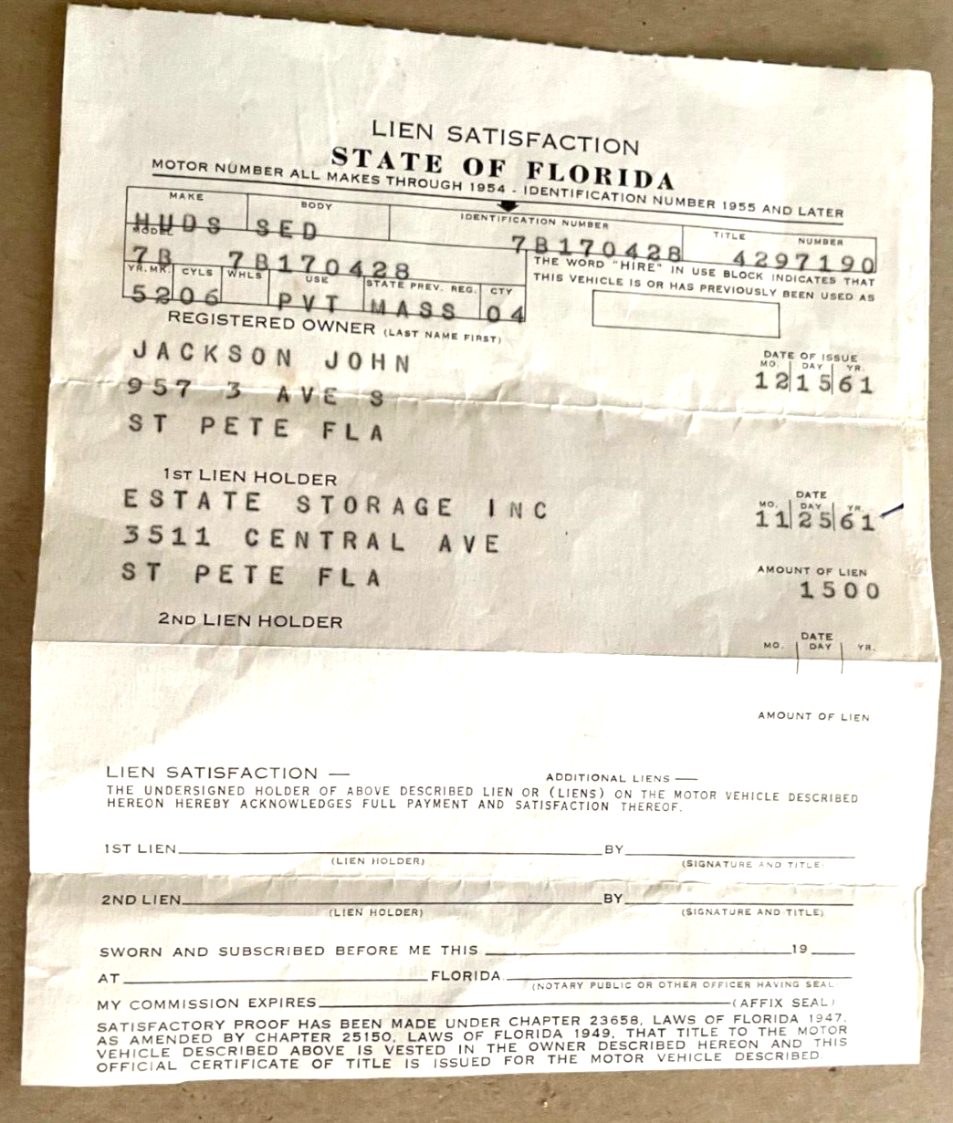 Lien Papers 1952 Hudson Hornet 1941 1946 1947 1948 1949 1950 1951 1953 ...