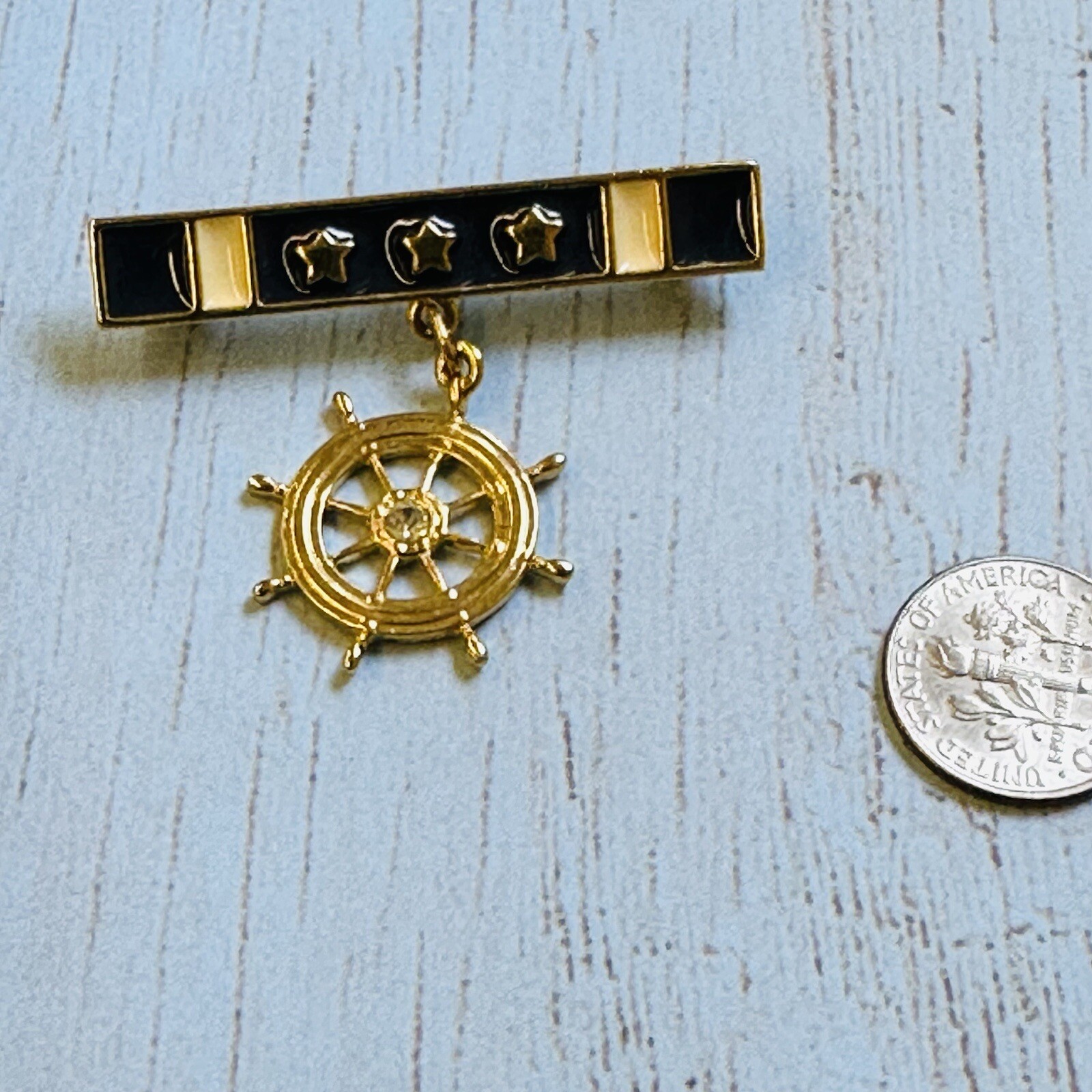 Gold Blue Enamel Ships Wheel Nautical Brooch - Gem