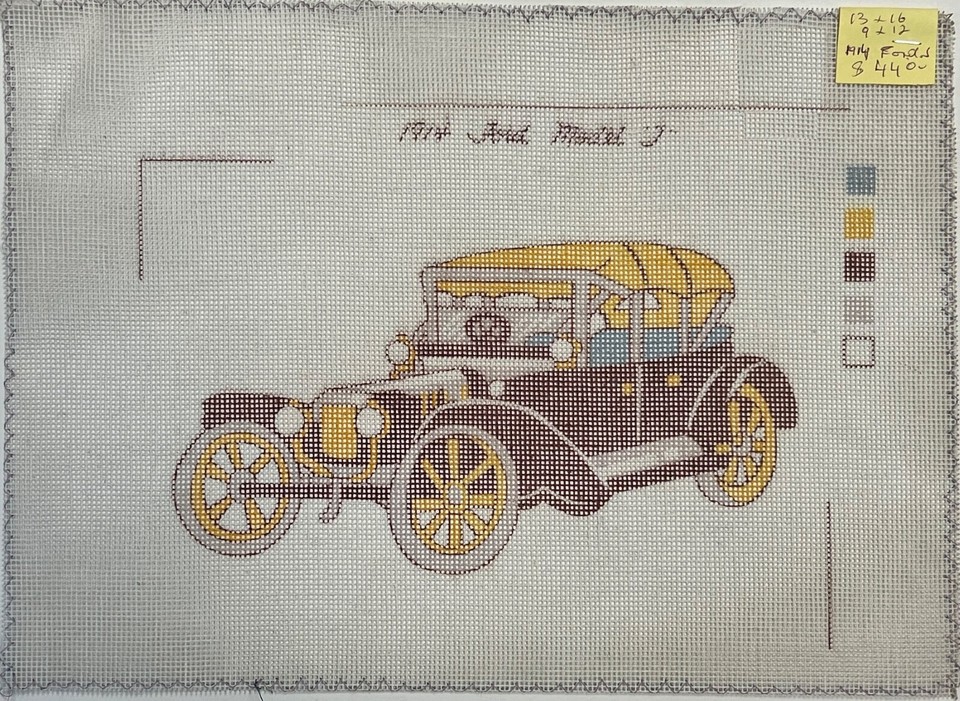 Hand-Printed 1914 FORD MODEL J Car Needlepoint Canvas 12-mesh 11.75" x ...