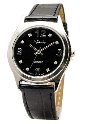 INFINITY: GENUINE BLACK LEATHER BAND ROUND CASE ANALOG QUARTZ WATCH | eBay