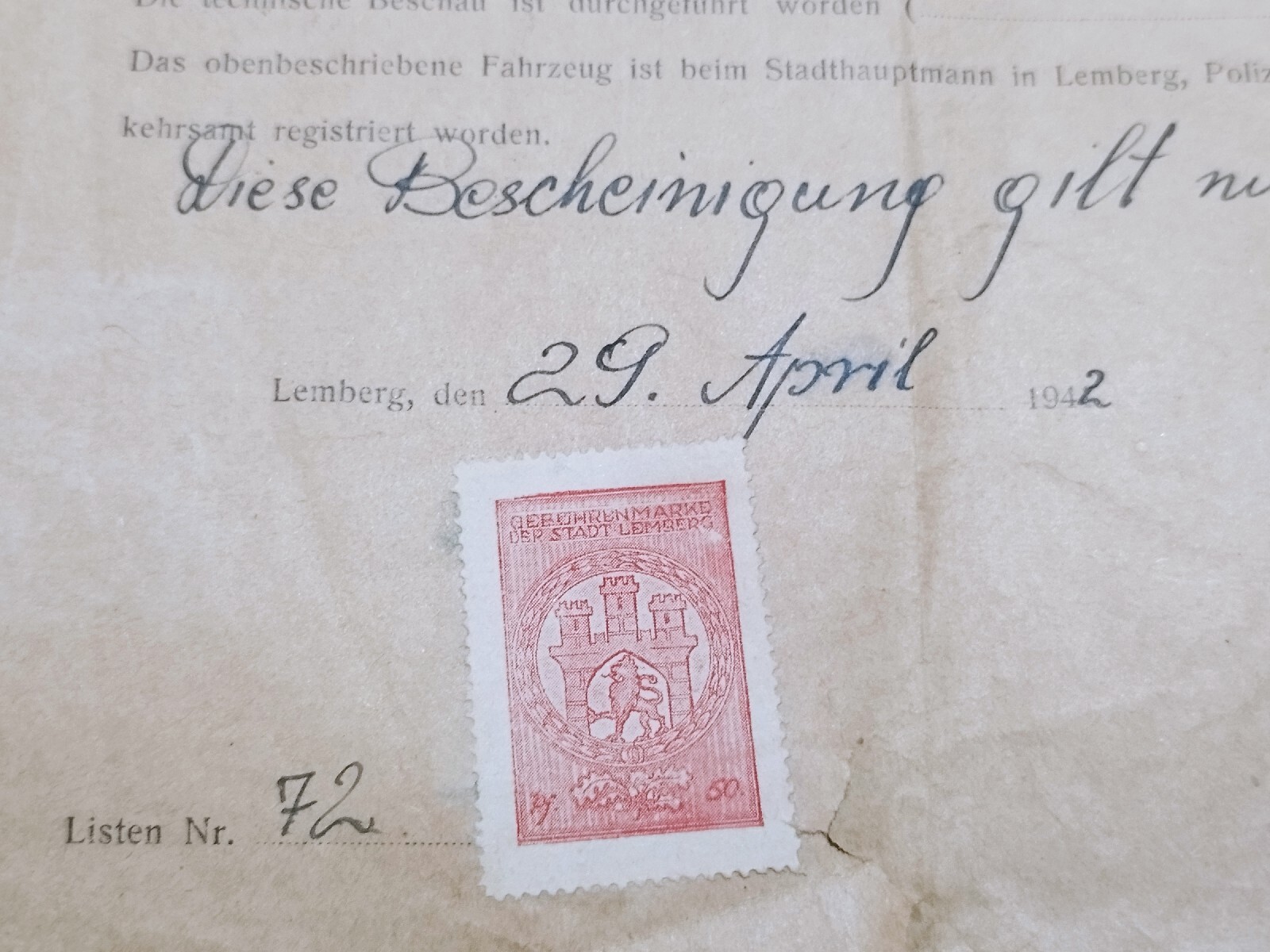 WW2 Time Lwow Lemberg German Occupation 1942 Document W Stamp Related ...