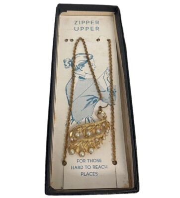 Vintage Dress Zipper Pull Gold Tone Faux Pearl Leaf Motif Chain USA ...