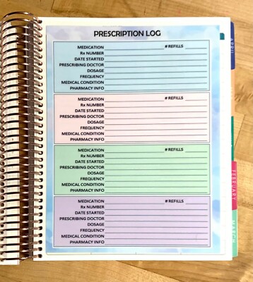 Prescription Medication Rx Log Dashboard Insert 4 use with Erin Condren ...