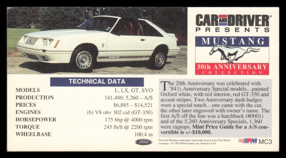 1993 Car & Driver Ford Mustang Collection 1984 GT-350 Promo Card #MC3 ...