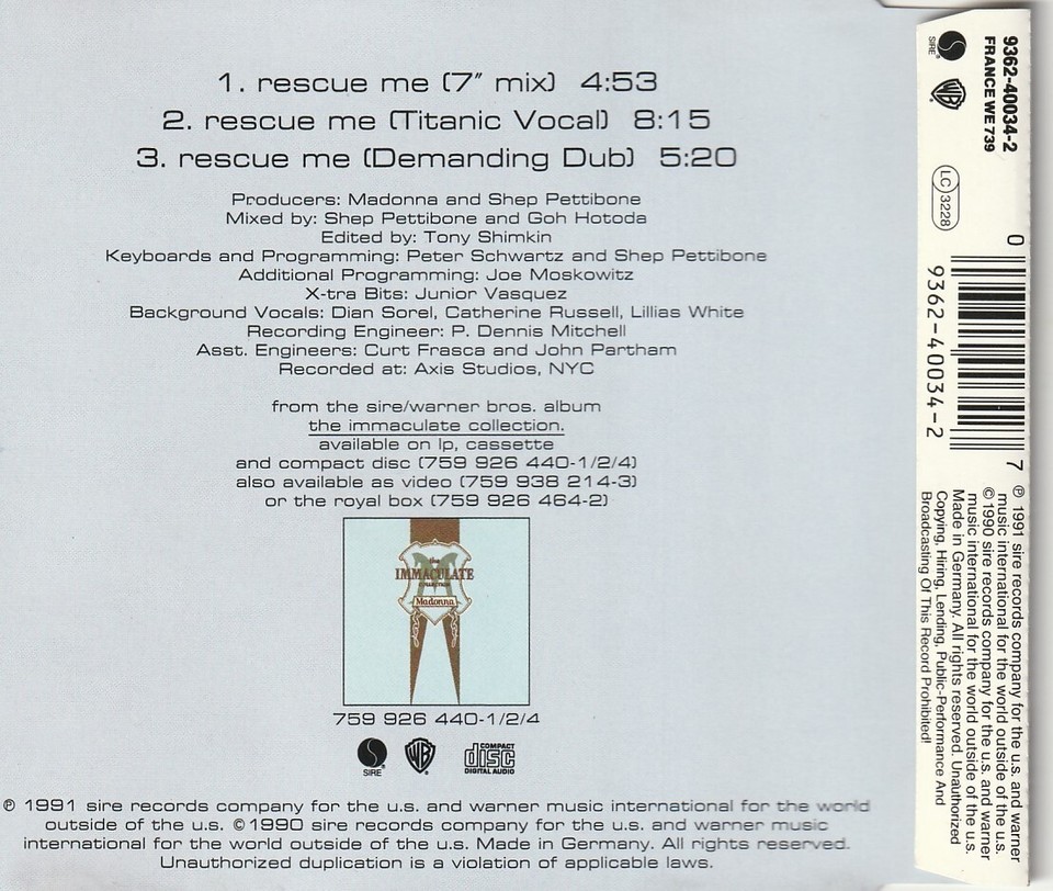 MADONNA - Rescue Me : 1991 Europe 3-track CD Maxi- single : Germany ...