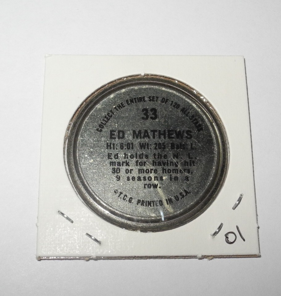 1964 Topps Baseball Coin Pin #33 Ed Mathews Milwaukee Braves Near Mint ...