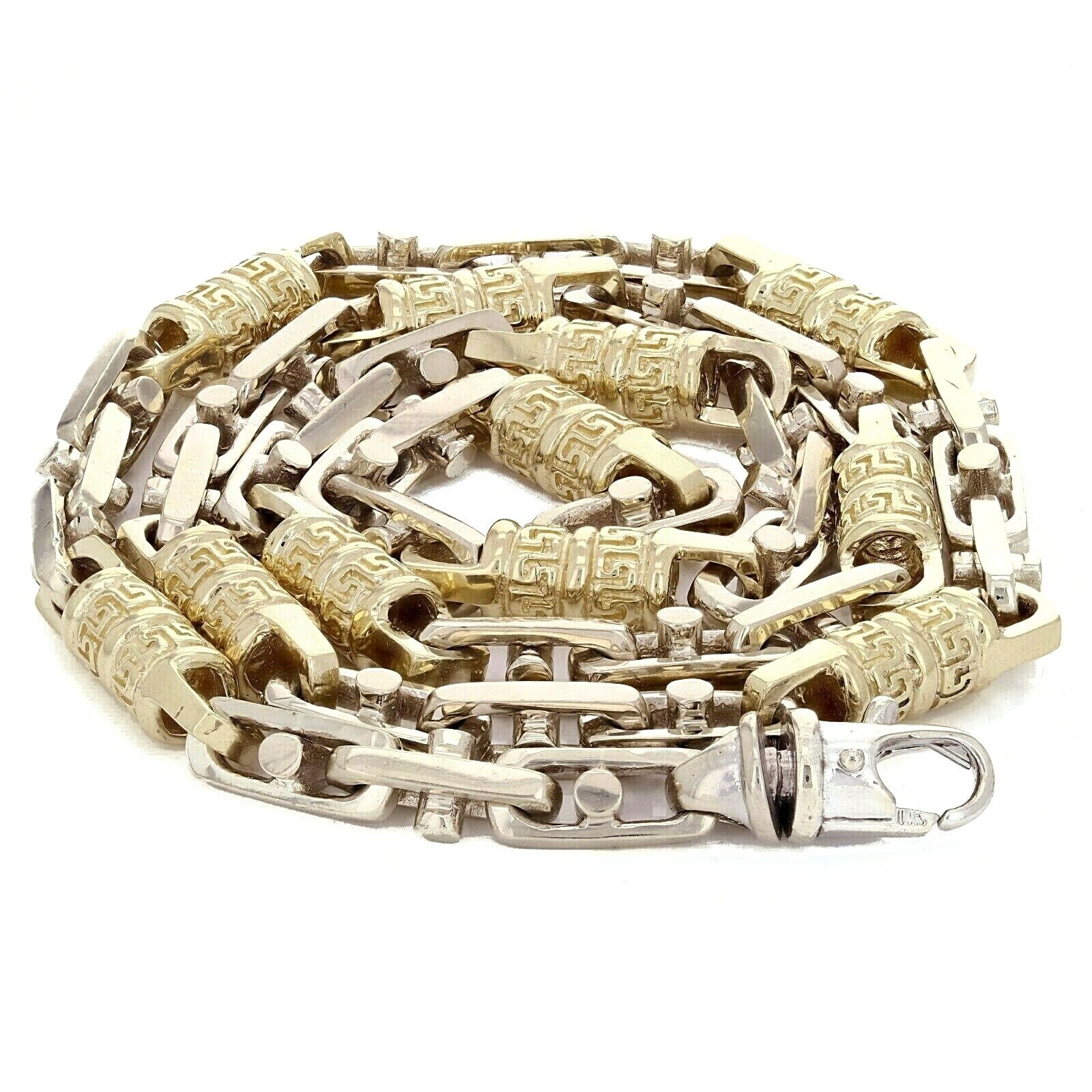 14k Two Tone Gold Handmade Greek Key Barrel Link Necklace 24" 7.5mm 126 ...