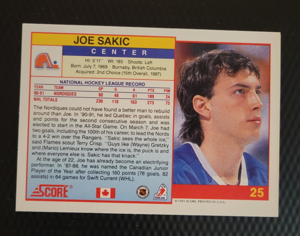 1991-92 Score Canadian JOE SAKIC Quebec Nordiques HOF Hockey NHL Card ...