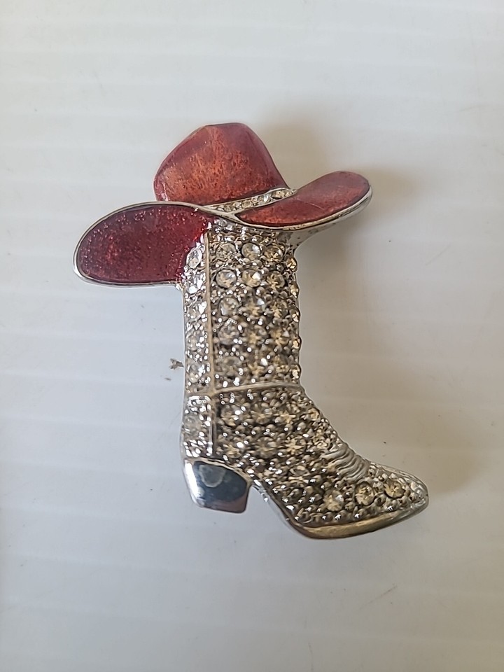 New Silver Tone Western Brooch Cowboy Boot Rhinestone Crystal Shoe ...