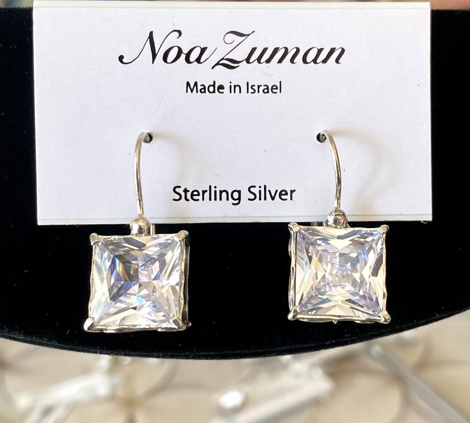 NOA ZUMAN EARRINGS STERLING SILVER 925 CZ Crystal SQUARE LARGE DROP ...