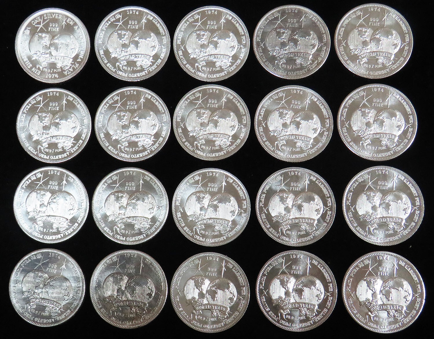 ROLL OF (20) 1974 WORLD TRADE UNIT SILVER 1 OZ 999 FINE ROUND | eBay