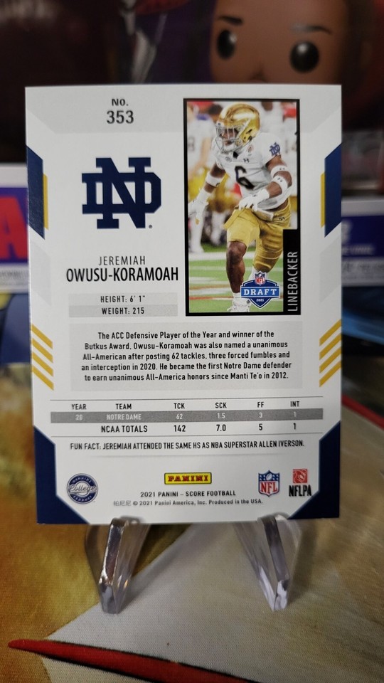 2021 Jeremiah Owusu-Koramoah Score Gold Dot #/225 Card Notre Dame ...