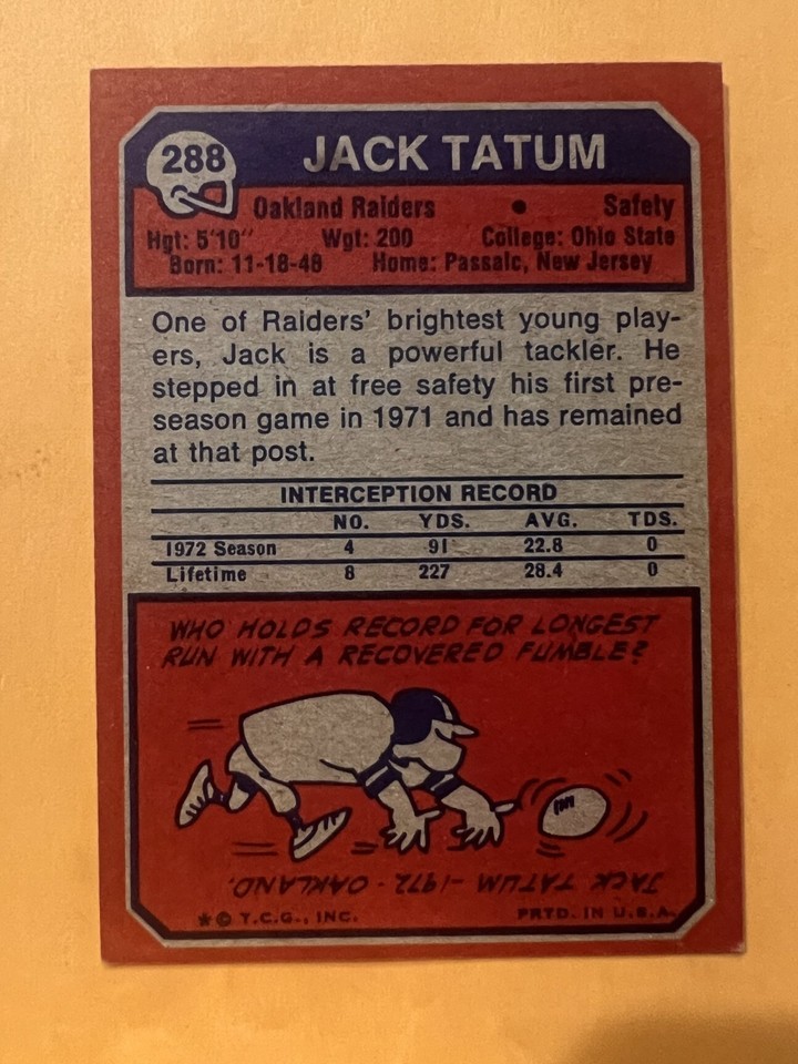 1973 Topps #288 Jack Tatum Rookie Card Oakland Raiders RC | eBay
