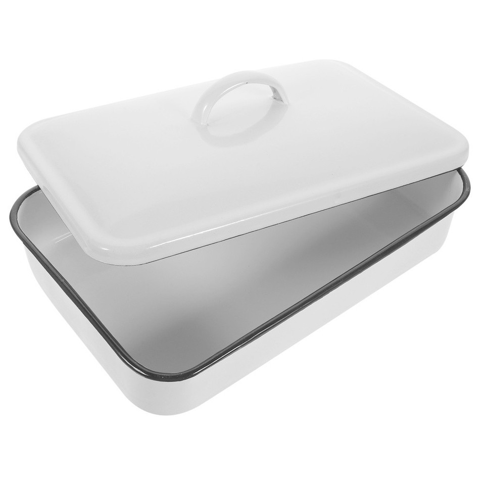 White Rectangular Tray Dishwasher Safe Enamel Plate Pan with Lid Trays ...
