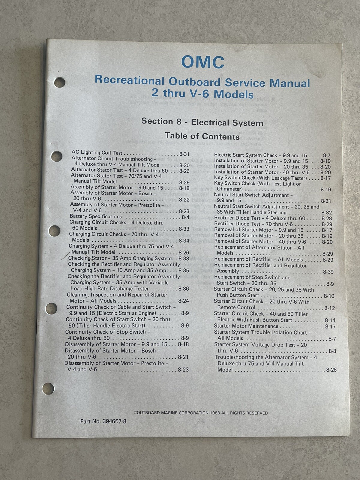 VINTAGE 1984 OMC OUTBOARD MARINE 2 -V6 MODELS ELECTRICAL SYSTEM MANUAL ...