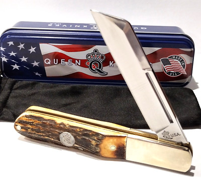 Queen USA 4" Brown Burnt Stag Bone Barlow Slipjoint Folding Pocket ...