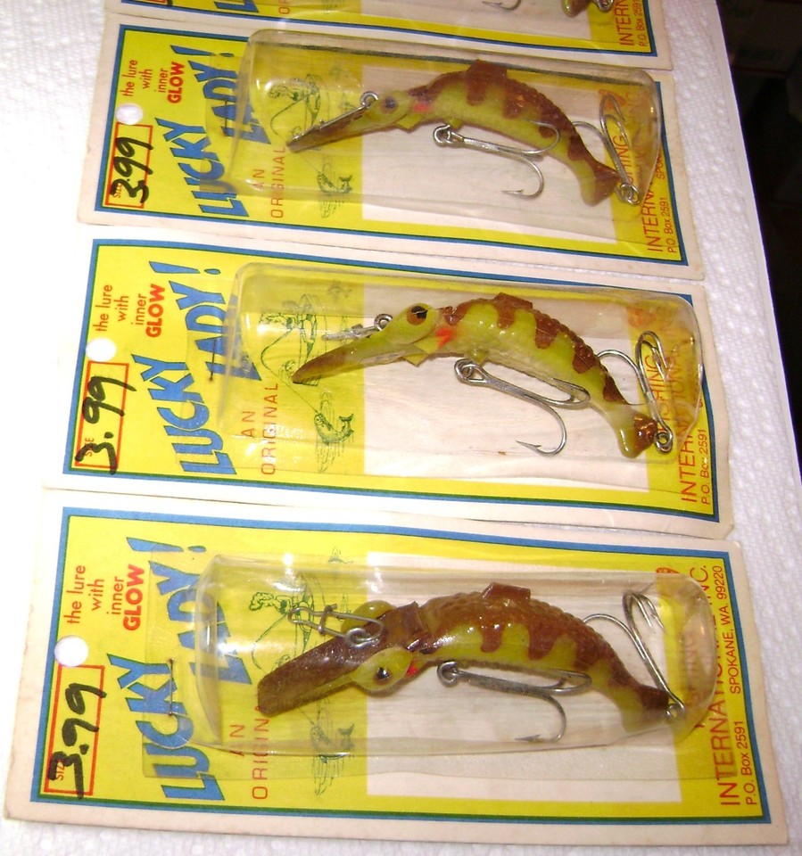 VINTAGE LUCKY LADY FISHING LURES LOT LURE WITH INNER GLOW YELLOW BROWN ...