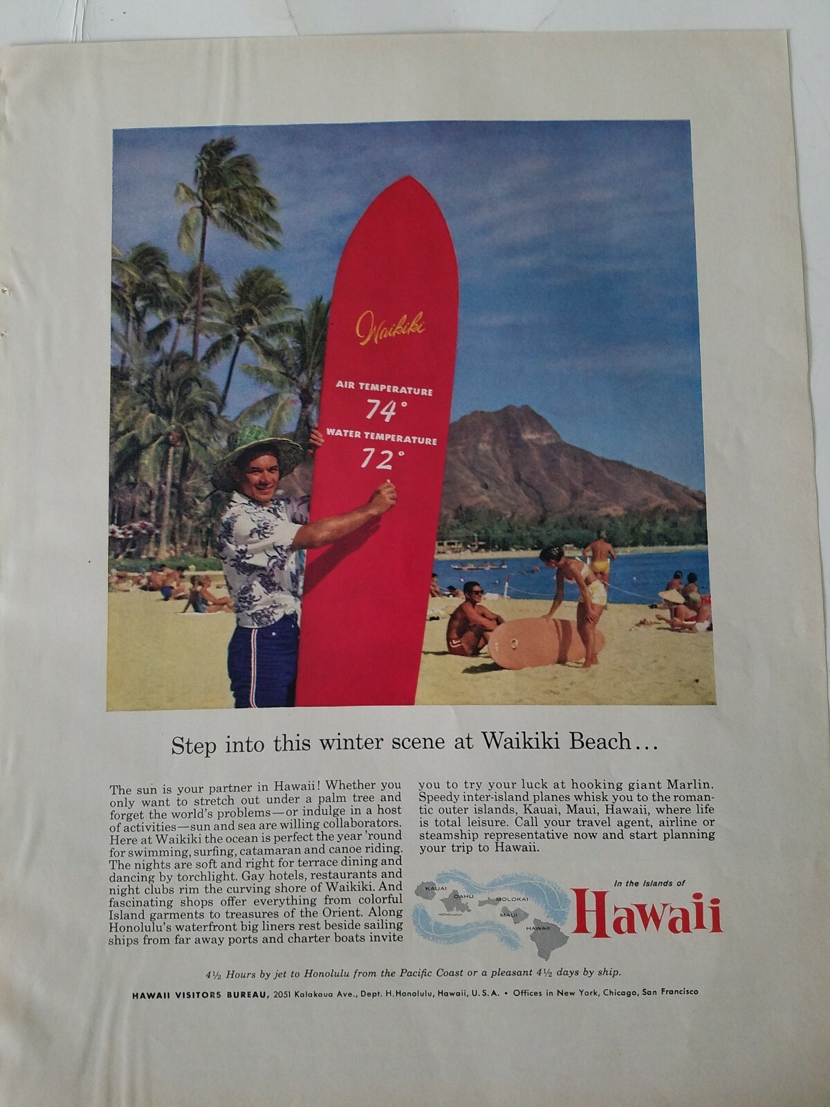 1960 islands of Hawaii wakiki Beach red surfboard vintage original ad ...