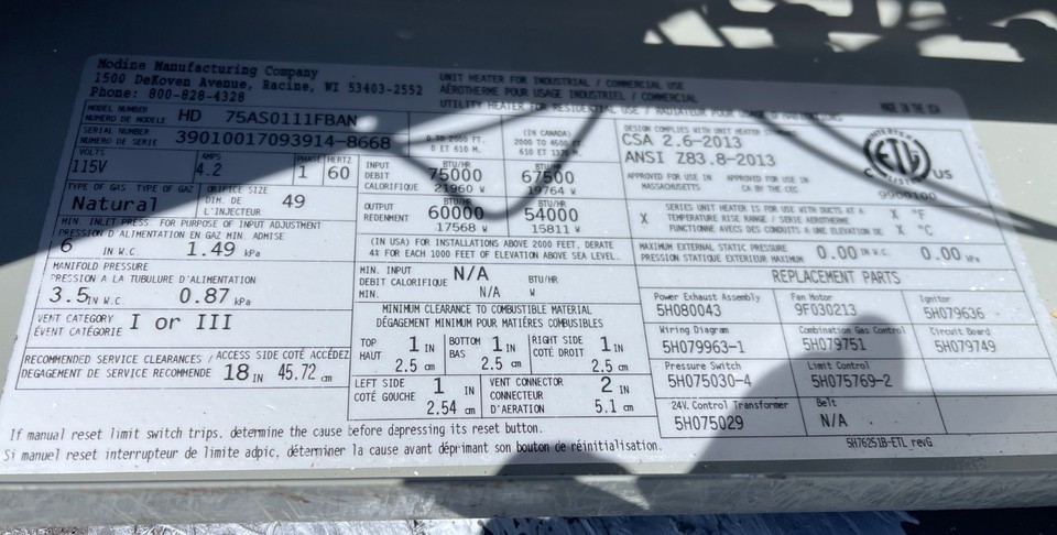 Modine HOT DAWG Horizontal Propane Gas Heater HD 75AS0111FBAN 75,000 ...