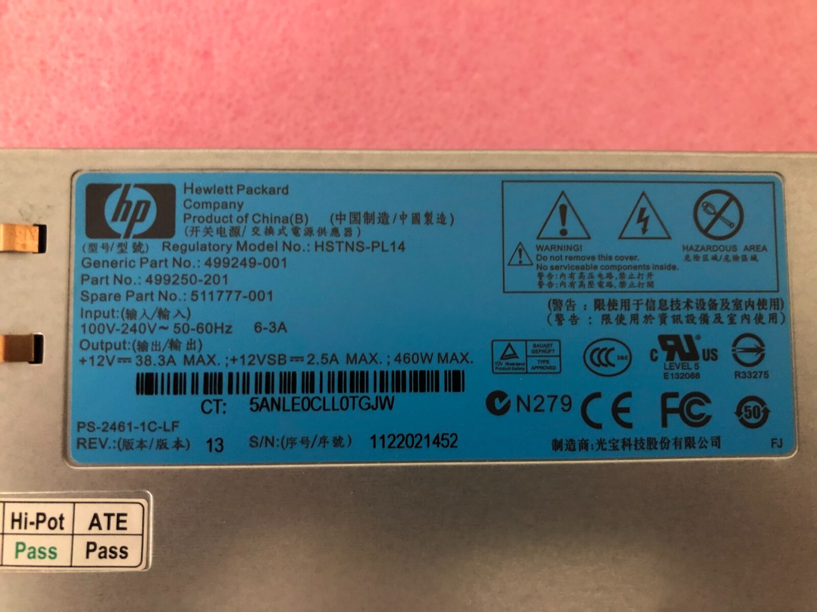 1 LOT OF 2 HP 499249-201 460W POWER SUPPLY HSTNS-PL14 499250-201 511777 ...