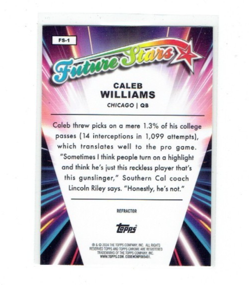 2024 TOPPS CHROME PURPLE REFRACTOR FUTURE STARS ROOKIE CALEB WILLIAMS ...