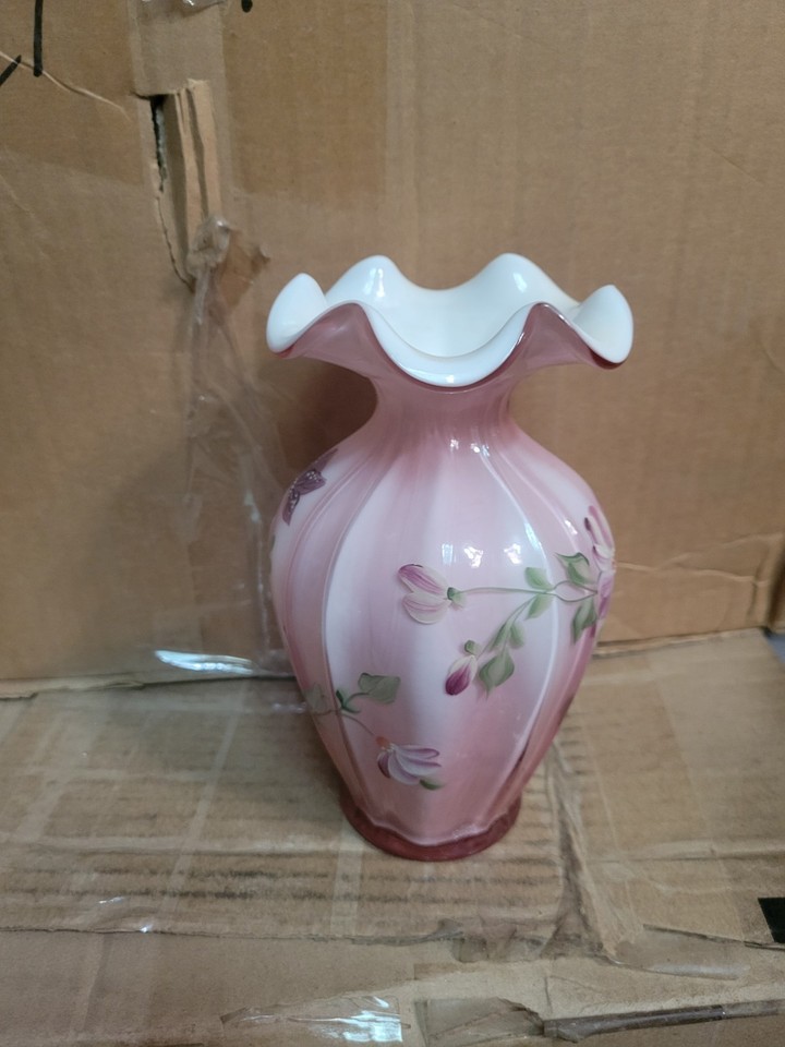 FENTON Pink Cased Art Glass Hand Painted Flowers Ruffled Glass Vase C ...
