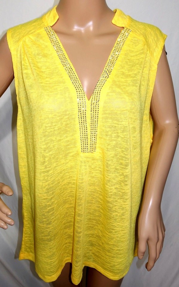 Chances R Women Plus Size 2x 3x Hi Lo Burnout Yellow Beaded Swing Top ...