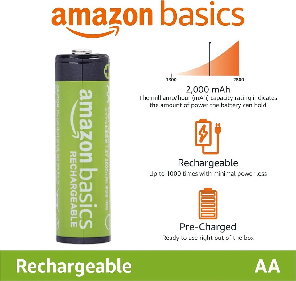 Amazon Basics Rechargeable AA Batteries, 8-Count, 2000 mAh, NiMH ...