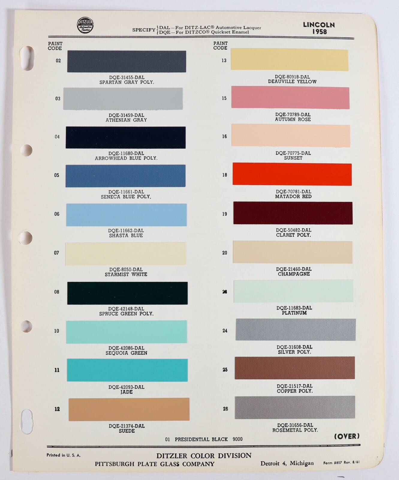 1958 Lincoln Vintage Color Paint Chip Sheet Ditzler PPG Automotive ...