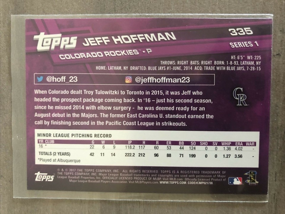 Jeff Hoffman 2017 Topps NEGATIVE Variation SP Rookie Card RC. Colorado ...