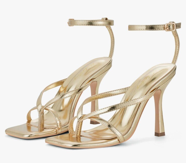 Elisabet Tang Metallic Gold Square Toe Strappy 4.3” Stiletto Heel ...