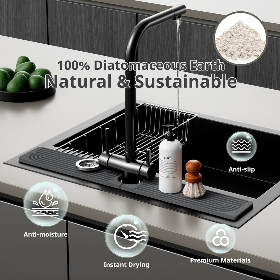 Faucet Mat for Kitchen Sink - 23.6" Diatomite Stone Sink Tray - Surface ...