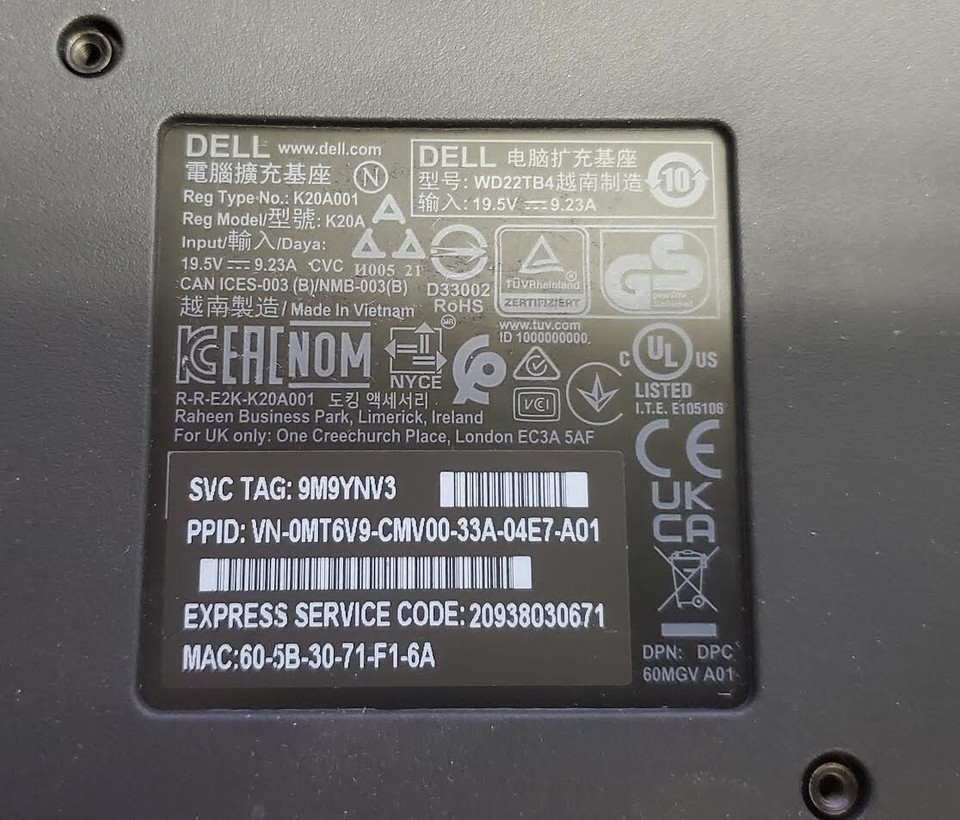 Dell WD22TB4 K20A001 Docking Station Thunderbolt 4 USB C K20A With Dell ...