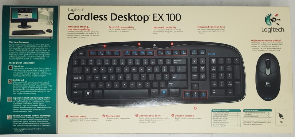 Logitech EX100 Cordless Keyboard and Optical Mouse with Receiver No Batteries | eBay