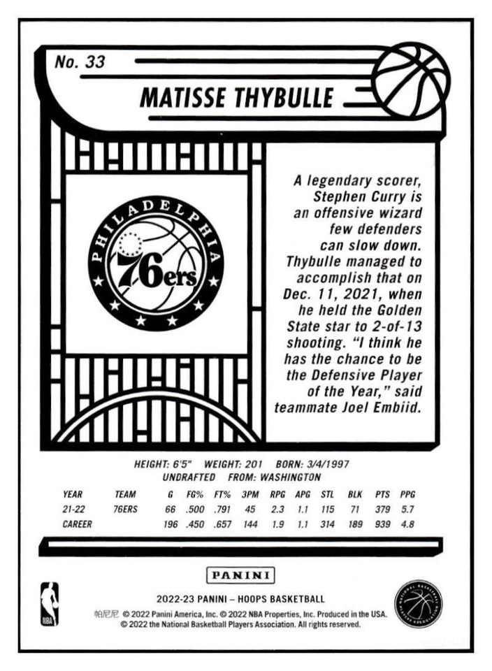 Matisse Thybulle 2022-23 Panini NBA Hoops #33 NBA 76ers ID:50203 | eBay