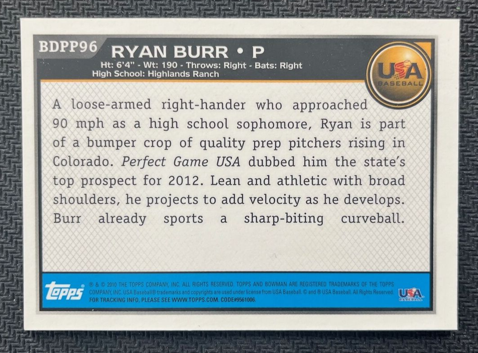 2010 Bowman Draft Picks & Prospects #BDPP96 Ryan Burr Prospects Gold ...