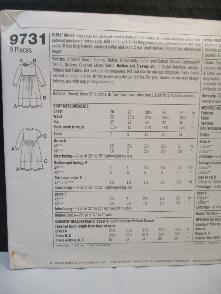 Simplicity Pattern 9731 Girls Size AA (7-8-10) Dress Length Sleeve ...