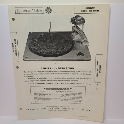 SAMS PHOTOFACT SERVICE MANUAL 78-5 CRESCENT RECORD PLAYER MODEL 250 ...