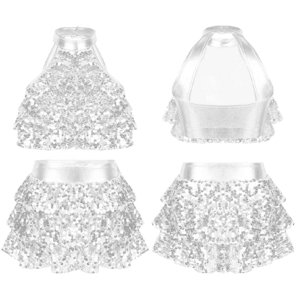 Kids Girls Sequin Dance Outfit Crop Tops Skirt Set Jazz Modern Stage ...