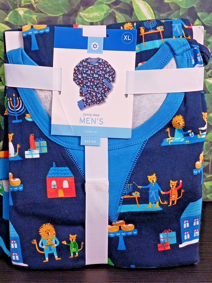Hanukkah Menorah Men’s XL Blue Pajama Set Dreidel Lion Jewish 100% ...