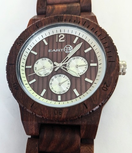 Wood Watch EARTH Bracelet Mens Day Date 24hour sub dials Japan movement ...