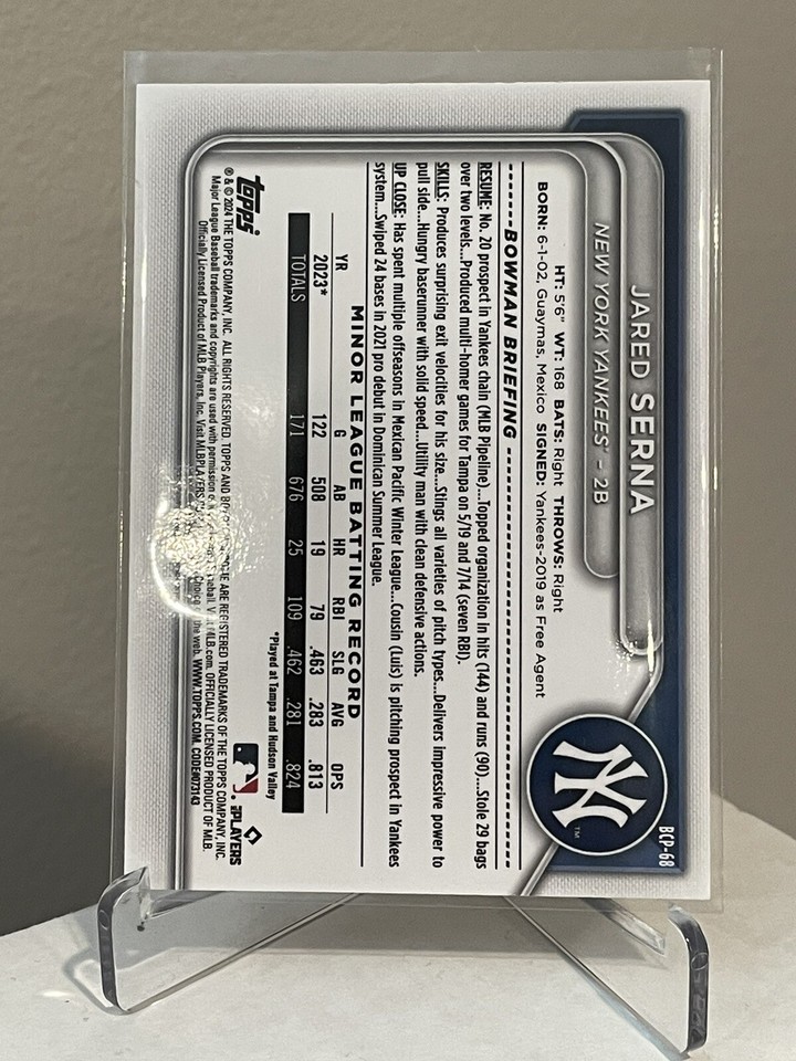 JARED SERNA 2024 Bowman Chrome 1st Prospect Card Yankees BLUE SHIMMER ...